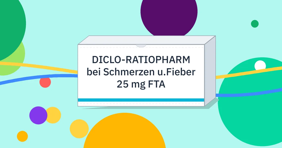 Symbolbild: Packung mit der Aufschrift DICLO-RATIOPHARM bei Schmerzen u.Fieber 25 mg FTA (PZN 14170042) – Verfügbarkeit und Bezug in Apotheken in Frankfurt am Main