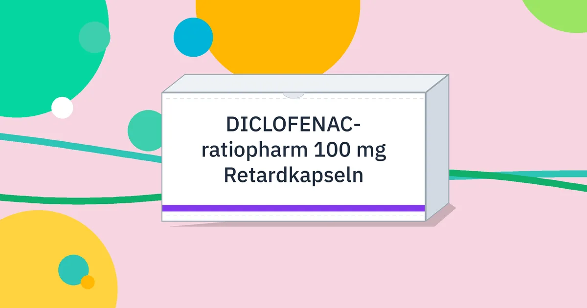 Symbolbild: Packung mit der Aufschrift DICLOFENAC-ratiopharm 100 mg Retardkapseln (PZN 00112561) – Verfügbarkeit und Bezug in Apotheken in Frankfurt am Main