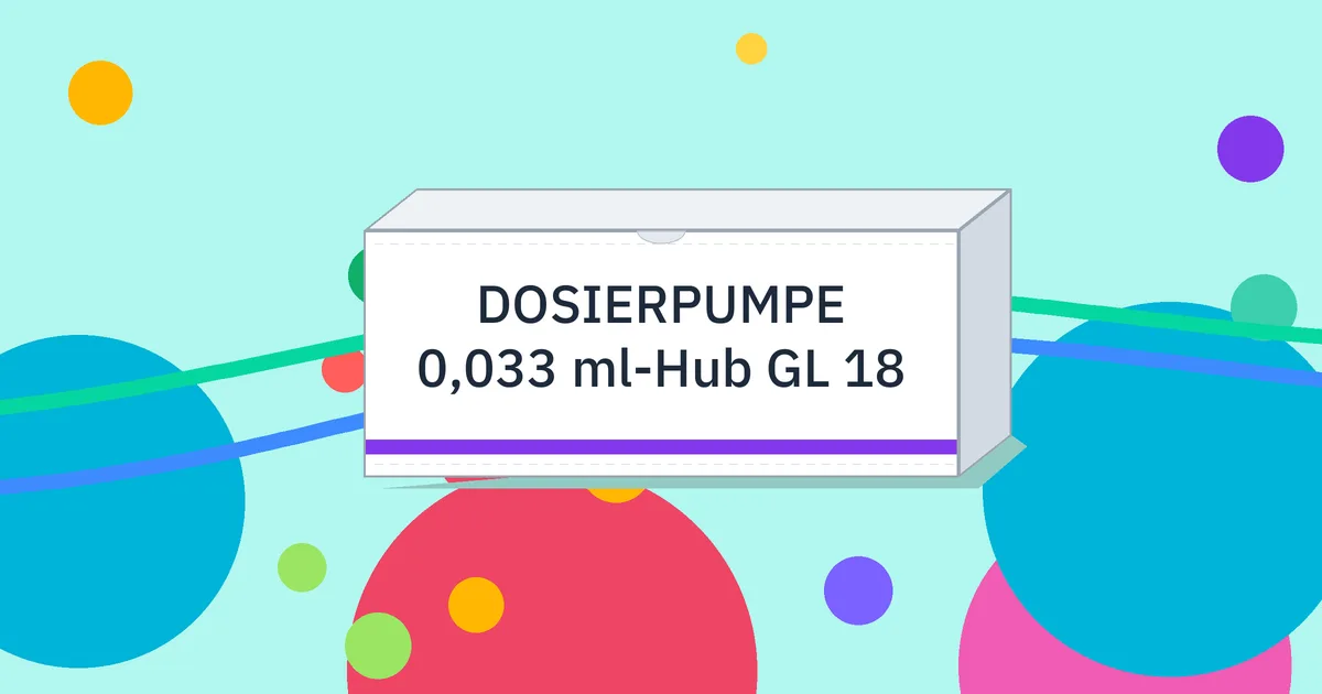 Symbolbild: Packung mit der Aufschrift DOSIERPUMPE 0,033 ml-Hub GL 18 (PZN 17543041) – Verfügbarkeit und Bezug in Apotheken in Frankfurt am Main