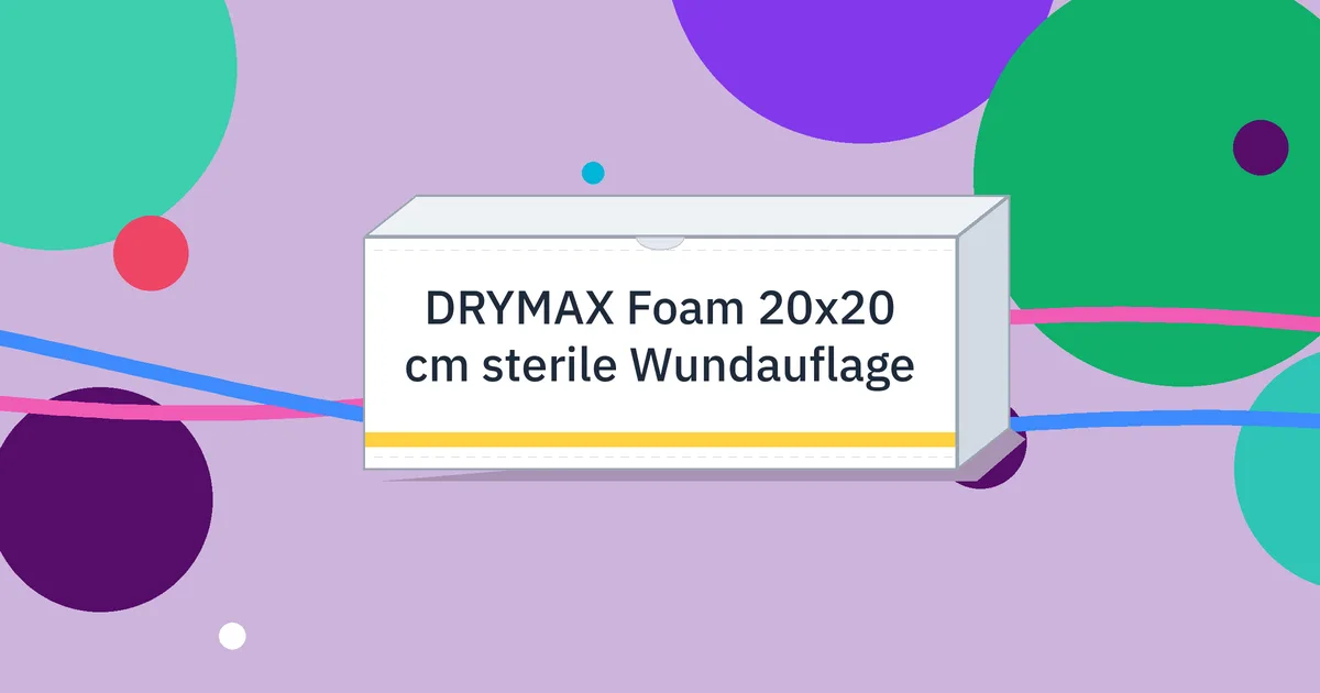 Symbolbild: Packung mit der Aufschrift DRYMAX Foam 20x20 cm sterile Wundauflage (PZN 17377186) – Verfügbarkeit und Bezug in Apotheken in Frankfurt am Main