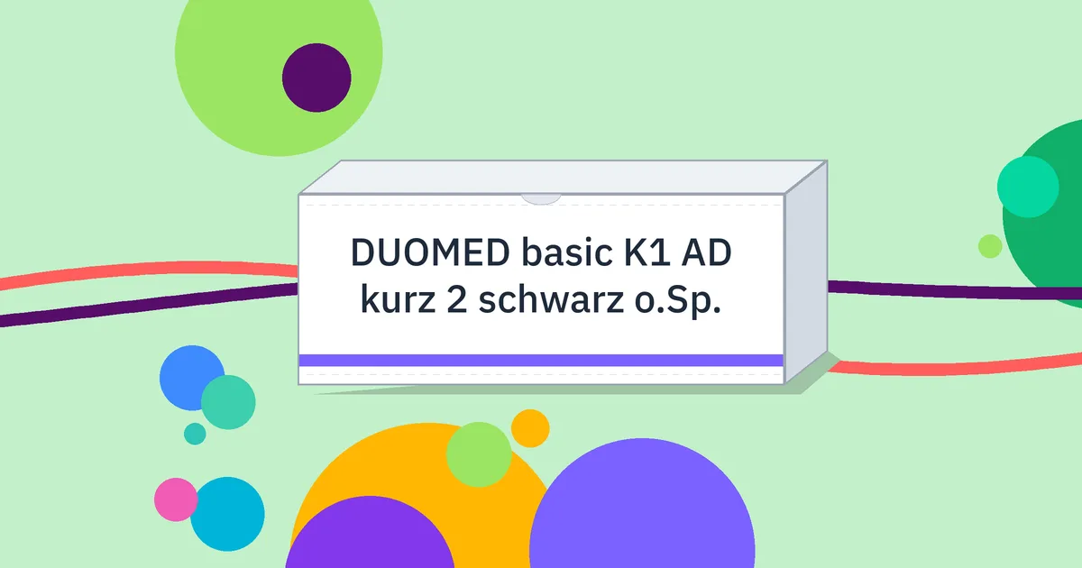 Symbolbild: Packung mit der Aufschrift DUOMED basic K1 AD kurz 2 schwarz o.Sp. (PZN 20904057) – Verfügbarkeit und Bezug in Apotheken in Frankfurt am Main