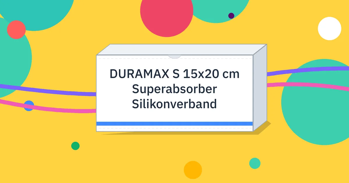 Symbolbild: Packung mit der Aufschrift DURAMAX S 15x20 cm Superabsorber Silikonverband (PZN 19799276) – Verfügbarkeit und Bezug in Apotheken in Frankfurt am Main