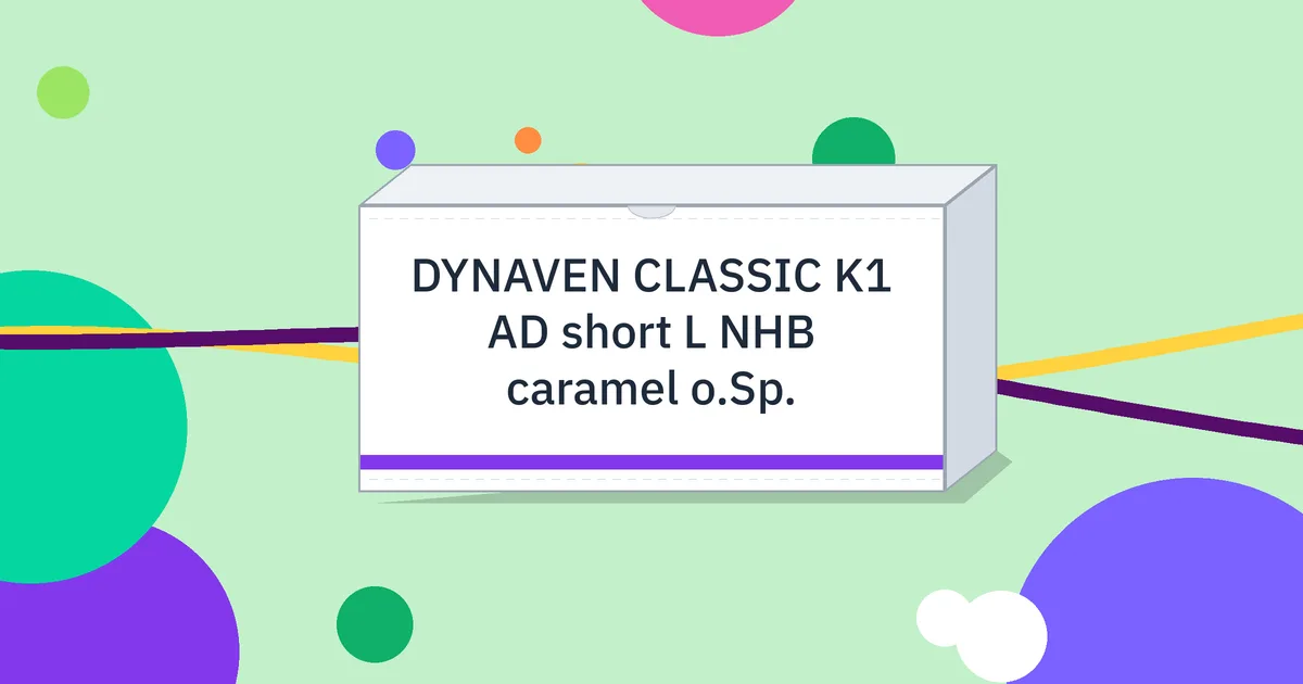 Symbolbild: Packung mit der Aufschrift DYNAVEN CLASSIC K1 AD short L NHB caramel o.Sp. (PZN 18414618) – Verfügbarkeit und Bezug in Apotheken in Frankfurt am Main