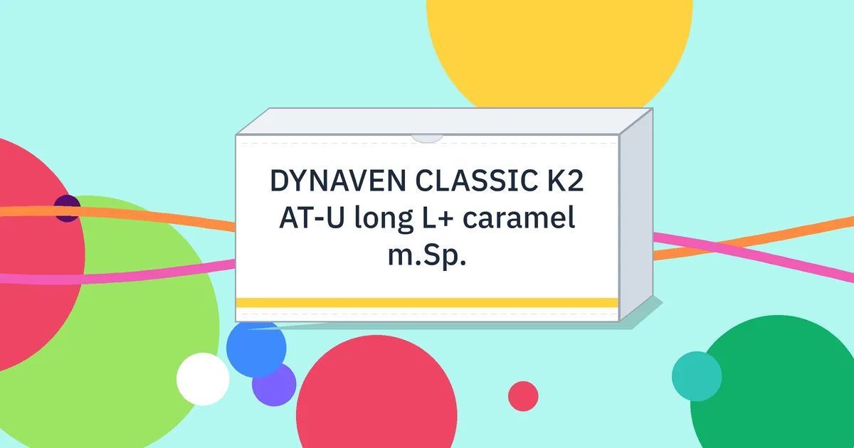 Symbolbild: Packung mit der Aufschrift DYNAVEN CLASSIC K2 AT-U long L+ caramel m.Sp. (PZN 18420027) – Verfügbarkeit und Bezug in Apotheken in Frankfurt am Main
