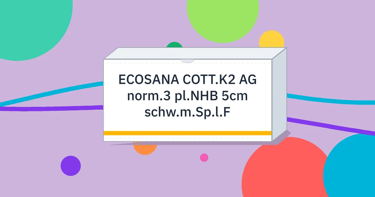 Symbolbild: Packung mit der Aufschrift ECOSANA COTT.K2 AG norm.3 pl.NHB 5cm schw.m.Sp.l.F (PZN 16949367) – Verfügbarkeit und Bezug in Apotheken in Frankfurt am Main