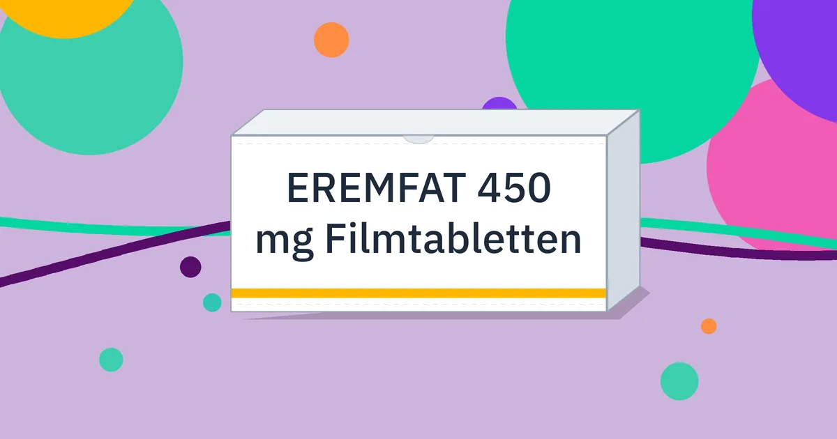 Symbolbild: Packung mit der Aufschrift EREMFAT 450 mg Filmtabletten (PZN 18263929) – Verfügbarkeit und Bezug in Apotheken in Frankfurt am Main