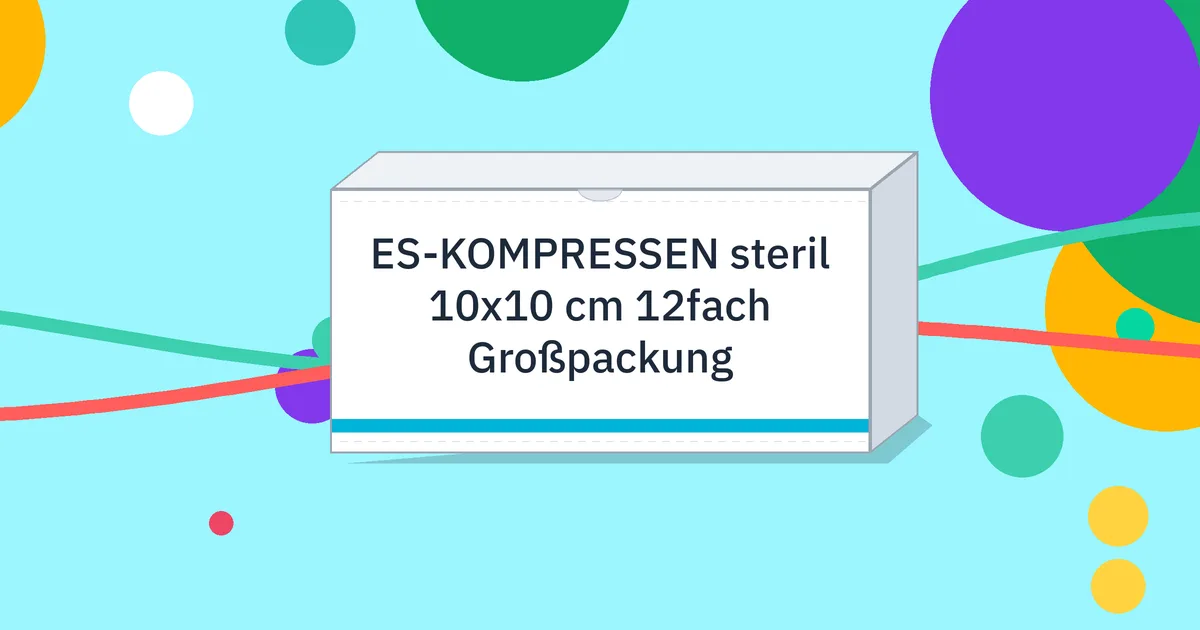 Symbolbild: Packung mit der Aufschrift ES-KOMPRESSEN steril 10x10 cm 12fach Großpackung (PZN 19346764) – Verfügbarkeit und Bezug in Apotheken in Frankfurt am Main