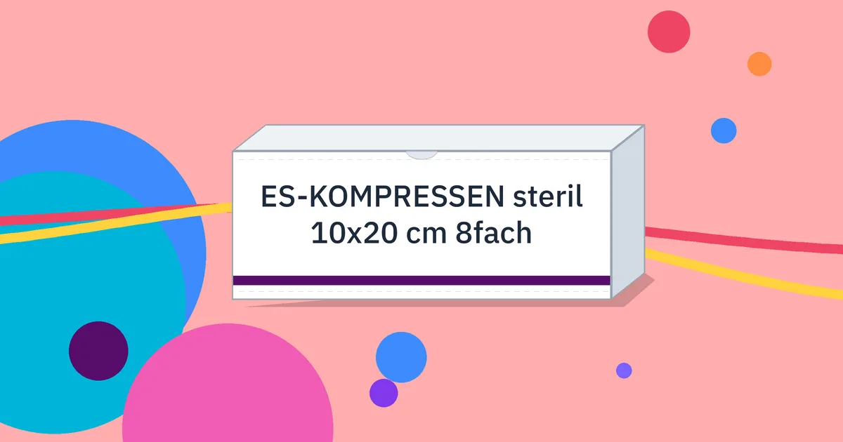 Symbolbild: Packung mit der Aufschrift ES-KOMPRESSEN steril 10x20 cm 8fach (PZN 00434170) – Verfügbarkeit und Bezug in Apotheken in Frankfurt am Main