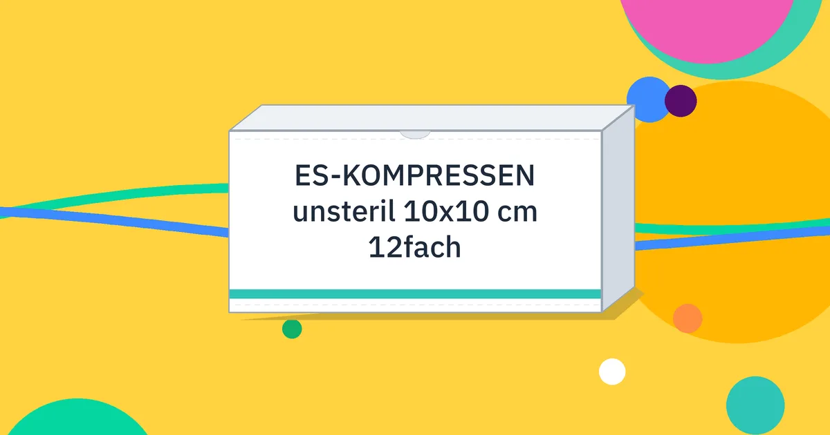 Symbolbild: Packung mit der Aufschrift ES-KOMPRESSEN unsteril 10x10 cm 12fach (PZN 18715662) – Verfügbarkeit und Bezug in Apotheken in Frankfurt am Main
