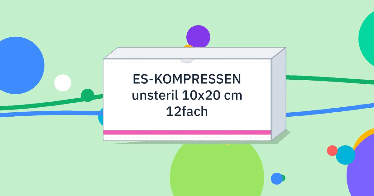 Symbolbild: Packung mit der Aufschrift ES-KOMPRESSEN unsteril 10x20 cm 12fach (PZN 18834711) – Verfügbarkeit und Bezug in Apotheken in Frankfurt am Main