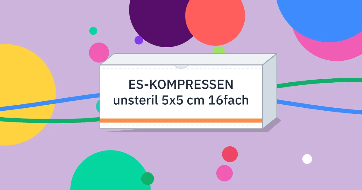 Symbolbild: Packung mit der Aufschrift ES-KOMPRESSEN unsteril 5x5 cm 16fach (PZN 19700390) – Verfügbarkeit und Bezug in Apotheken in Frankfurt am Main