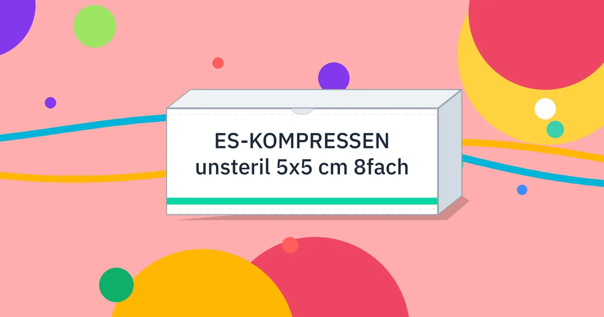 Symbolbild: Packung mit der Aufschrift ES-KOMPRESSEN unsteril 5x5 cm 8fach (PZN 18363163) – Verfügbarkeit und Bezug in Apotheken in Frankfurt am Main