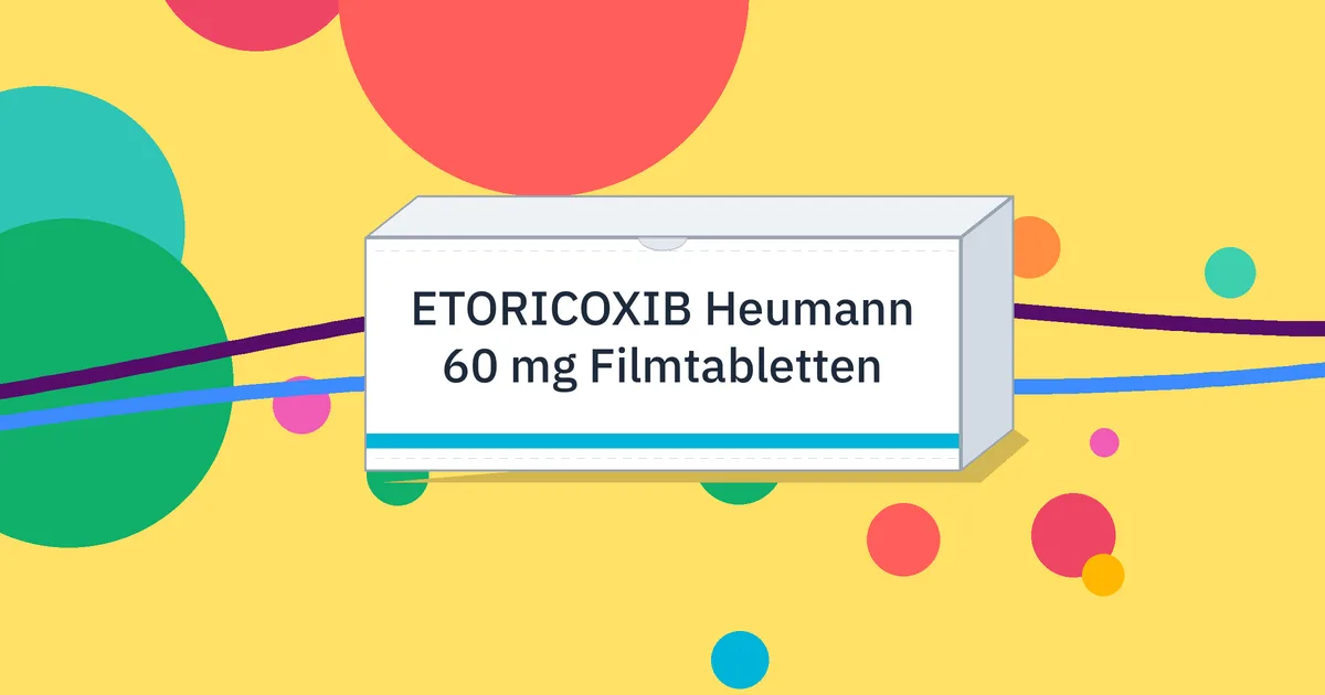 Symbolbild: Packung mit der Aufschrift ETORICOXIB Heumann 60 mg Filmtabletten (PZN 12545101) – Verfügbarkeit und Bezug in Apotheken in Frankfurt am Main