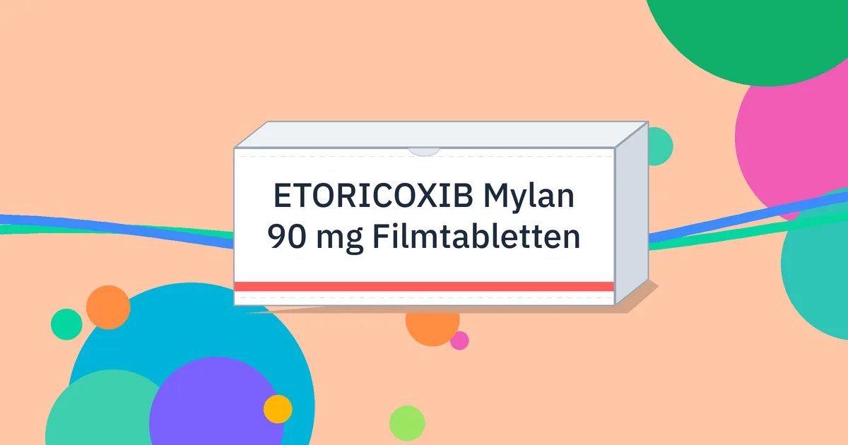 Symbolbild: Packung mit der Aufschrift ETORICOXIB Mylan 90 mg Filmtabletten (PZN 12643298) – Verfügbarkeit und Bezug in Apotheken in Frankfurt am Main