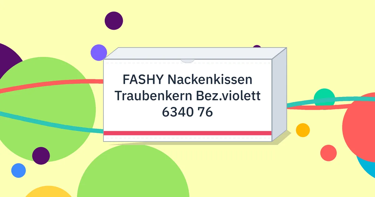 Symbolbild: Packung mit der Aufschrift FASHY Nackenkissen Traubenkern Bez.violett 6340 76 (PZN 19682829) – Verfügbarkeit und Bezug in Apotheken in Frankfurt am Main