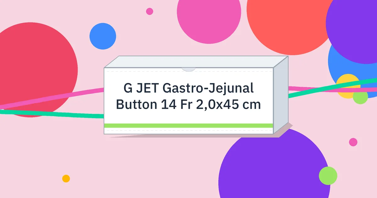 Symbolbild: Packung mit der Aufschrift G JET Gastro-Jejunal Button 14 Fr 2,0x45 cm (PZN 14342804) – Verfügbarkeit und Bezug in Apotheken in Frankfurt am Main