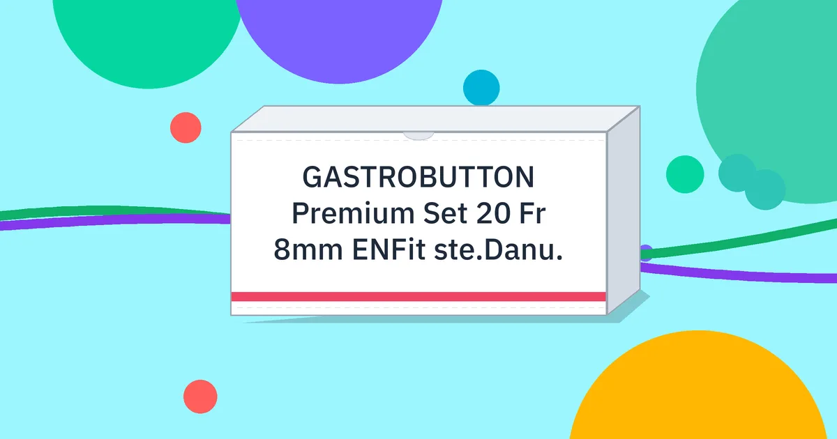 Symbolbild: Packung mit der Aufschrift GASTROBUTTON Premium Set 20 Fr 8mm ENFit ste.Danu. (PZN 16883898) – Verfügbarkeit und Bezug in Apotheken in Frankfurt am Main
