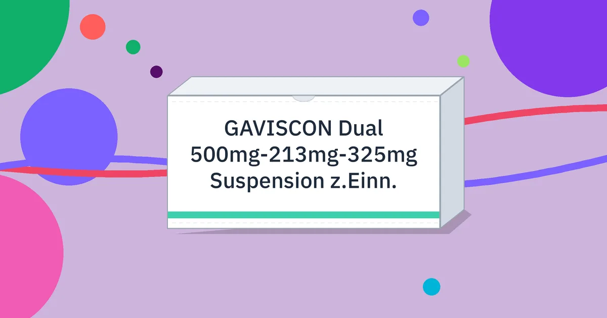 Symbolbild: Packung mit der Aufschrift GAVISCON Dual 500mg-213mg-325mg Suspension z.Einn. (PZN 13154733) – Verfügbarkeit und Bezug in Apotheken in Frankfurt am Main