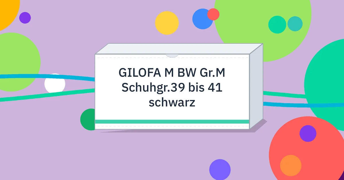 Symbolbild: Packung mit der Aufschrift GILOFA M BW Gr.M Schuhgr.39 bis 41 schwarz (PZN 16724852) – Verfügbarkeit und Bezug in Apotheken in Frankfurt am Main