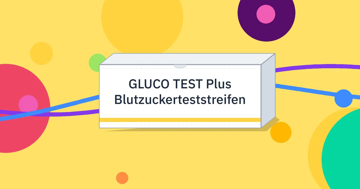 Symbolbild: Packung mit der Aufschrift GLUCO TEST Plus Blutzuckerteststreifen (PZN 07702165) – Verfügbarkeit und Bezug in Apotheken in Frankfurt am Main