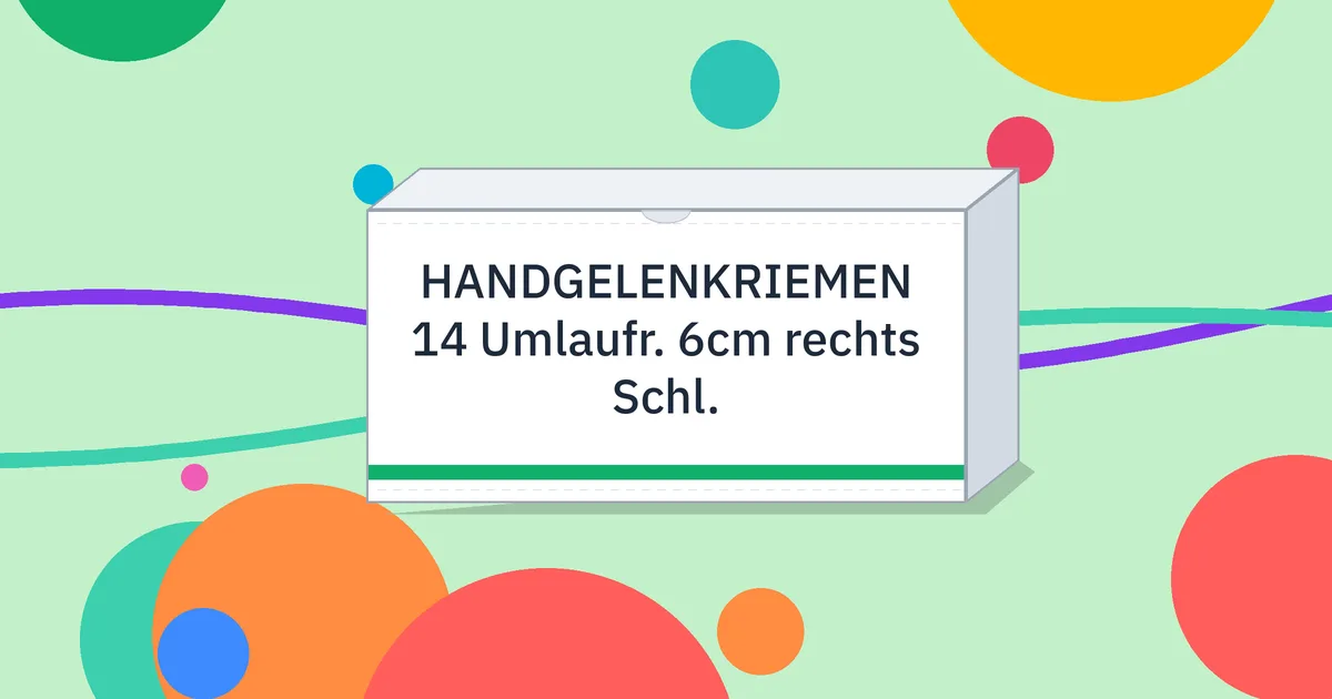 Symbolbild: Packung mit der Aufschrift HANDGELENKRIEMEN 14 Umlaufr. 6cm rechts Schl. (PZN 01962830) – Verfügbarkeit und Bezug in Apotheken in Frankfurt am Main