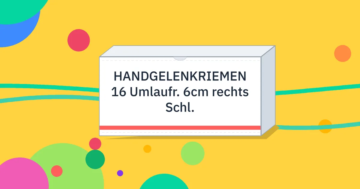 Symbolbild: Packung mit der Aufschrift HANDGELENKRIEMEN 16 Umlaufr. 6cm rechts Schl. (PZN 01962853) – Verfügbarkeit und Bezug in Apotheken in Frankfurt am Main