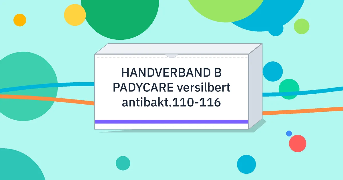 Symbolbild: Packung mit der Aufschrift HANDVERBAND B PADYCARE versilbert antibakt.110-116 (PZN 10940454) – Verfügbarkeit und Bezug in Apotheken in Frankfurt am Main