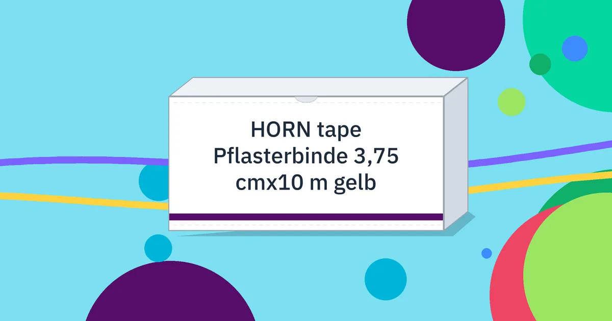 Symbolbild: Packung mit der Aufschrift HORN tape Pflasterbinde 3,75 cmx10 m gelb (PZN 04676740) – Verfügbarkeit und Bezug in Apotheken in Frankfurt am Main