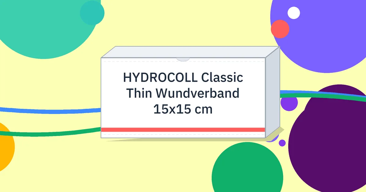 Symbolbild: Packung mit der Aufschrift HYDROCOLL Classic Thin Wundverband 15x15 cm (PZN 20124218) – Verfügbarkeit und Bezug in Apotheken in Frankfurt am Main