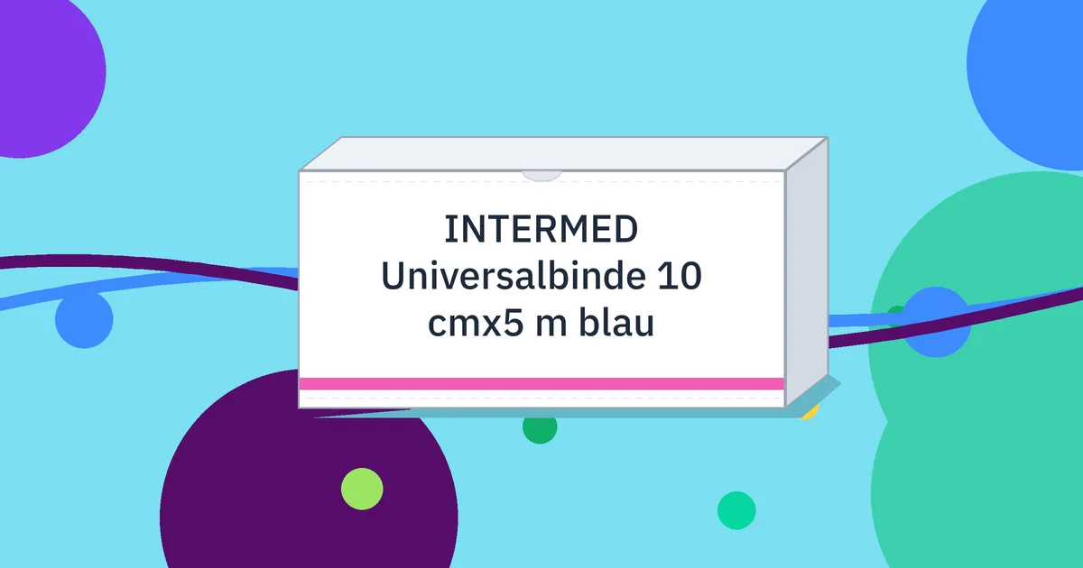 Symbolbild: Packung mit der Aufschrift INTERMED Universalbinde 10 cmx5 m blau (PZN 02578298) – Verfügbarkeit und Bezug in Apotheken in Frankfurt am Main