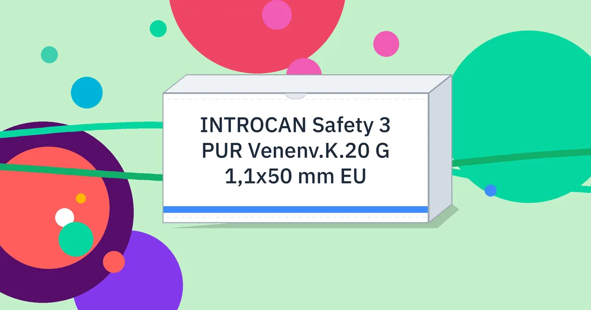 Symbolbild: Packung mit der Aufschrift INTROCAN Safety 3 PUR Venenv.K.20 G 1,1x50 mm EU (PZN 16503743) – Verfügbarkeit und Bezug in Apotheken in Frankfurt am Main