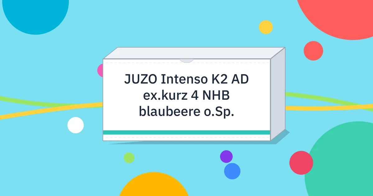 Symbolbild: Packung mit der Aufschrift JUZO Intenso K2 AD ex.kurz 4 NHB blaubeere o.Sp. (PZN 18622191) – Verfügbarkeit und Bezug in Apotheken in Frankfurt am Main