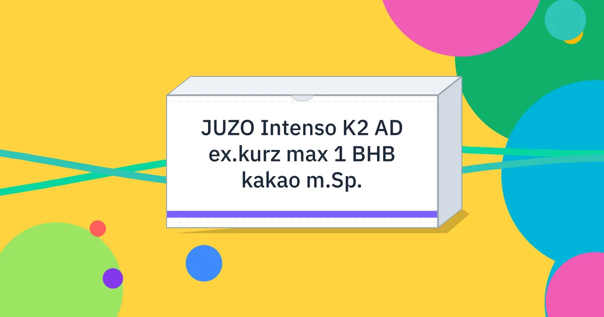 Symbolbild: Packung mit der Aufschrift JUZO Intenso K2 AD ex.kurz max 1 BHB kakao m.Sp. (PZN 18614174) – Verfügbarkeit und Bezug in Apotheken in Frankfurt am Main