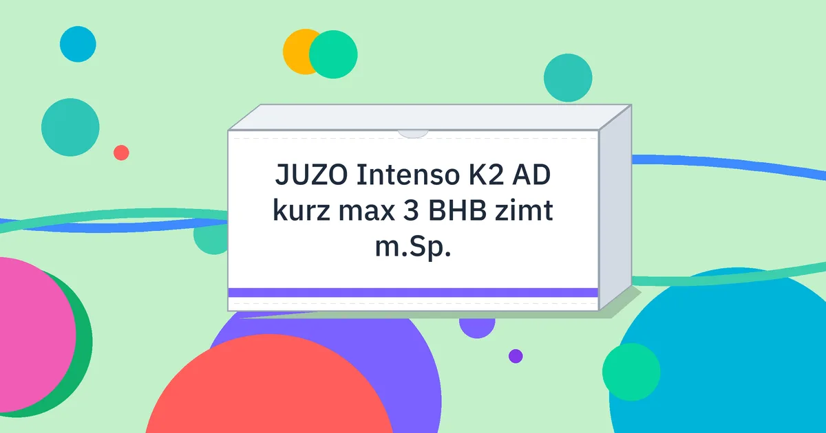 Symbolbild: Packung mit der Aufschrift JUZO Intenso K2 AD kurz max 3 BHB zimt m.Sp. (PZN 18615587) – Verfügbarkeit und Bezug in Apotheken in Frankfurt am Main