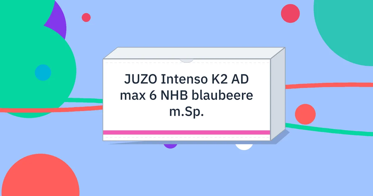 Symbolbild: Packung mit der Aufschrift JUZO Intenso K2 AD max 6 NHB blaubeere m.Sp. (PZN 18612850) – Verfügbarkeit und Bezug in Apotheken in Frankfurt am Main