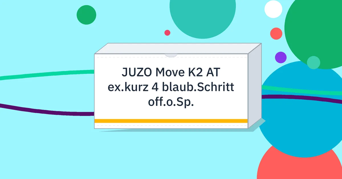 Symbolbild: Packung mit der Aufschrift JUZO Move K2 AT ex.kurz 4 blaub.Schritt off.o.Sp. (PZN 20672888) – Verfügbarkeit und Bezug in Apotheken in Frankfurt am Main