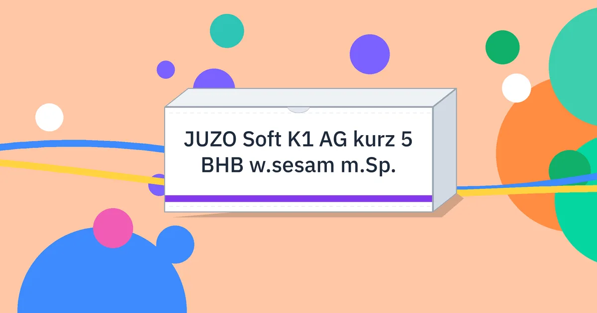 Symbolbild: Packung mit der Aufschrift JUZO Soft K1 AG kurz 5 BHB w.sesam m.Sp. (PZN 14838072) – Verfügbarkeit und Bezug in Apotheken in Frankfurt am Main