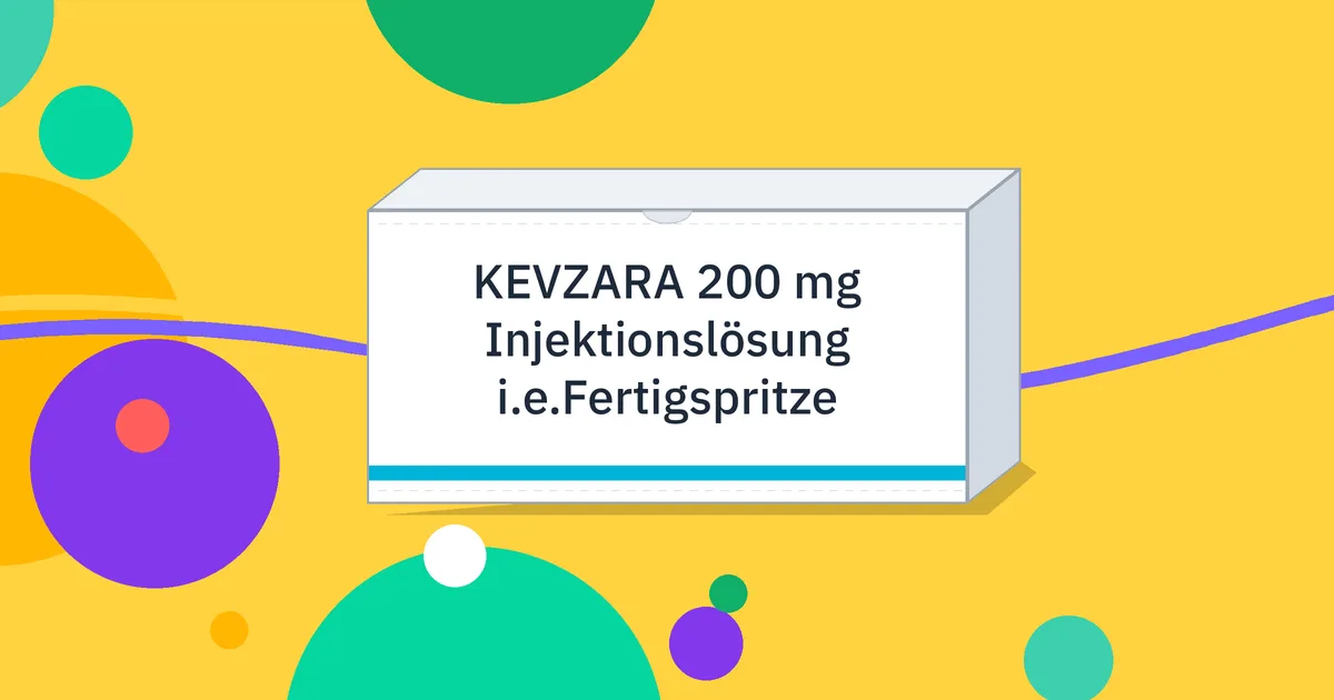 Symbolbild: Packung mit der Aufschrift KEVZARA 200 mg Injektionslösung i.e.Fertigspritze (PZN 16662996) – Verfügbarkeit und Bezug in Apotheken in Frankfurt am Main