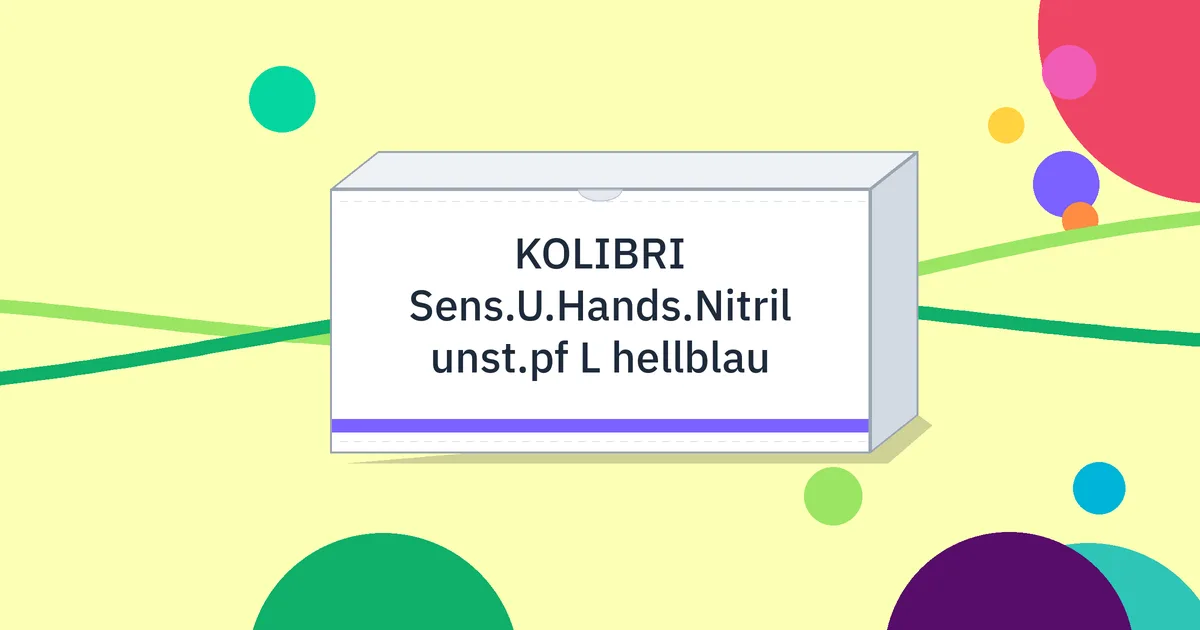 Symbolbild: Packung mit der Aufschrift KOLIBRI Sens.U.Hands.Nitril unst.pf L hellblau (PZN 18891413) – Verfügbarkeit und Bezug in Apotheken in Frankfurt am Main