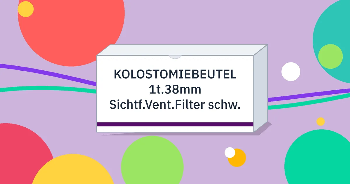 Symbolbild: Packung mit der Aufschrift KOLOSTOMIEBEUTEL 1t.38mm Sichtf.Vent.Filter schw. (PZN 18423936) – Verfügbarkeit und Bezug in Apotheken in Frankfurt am Main