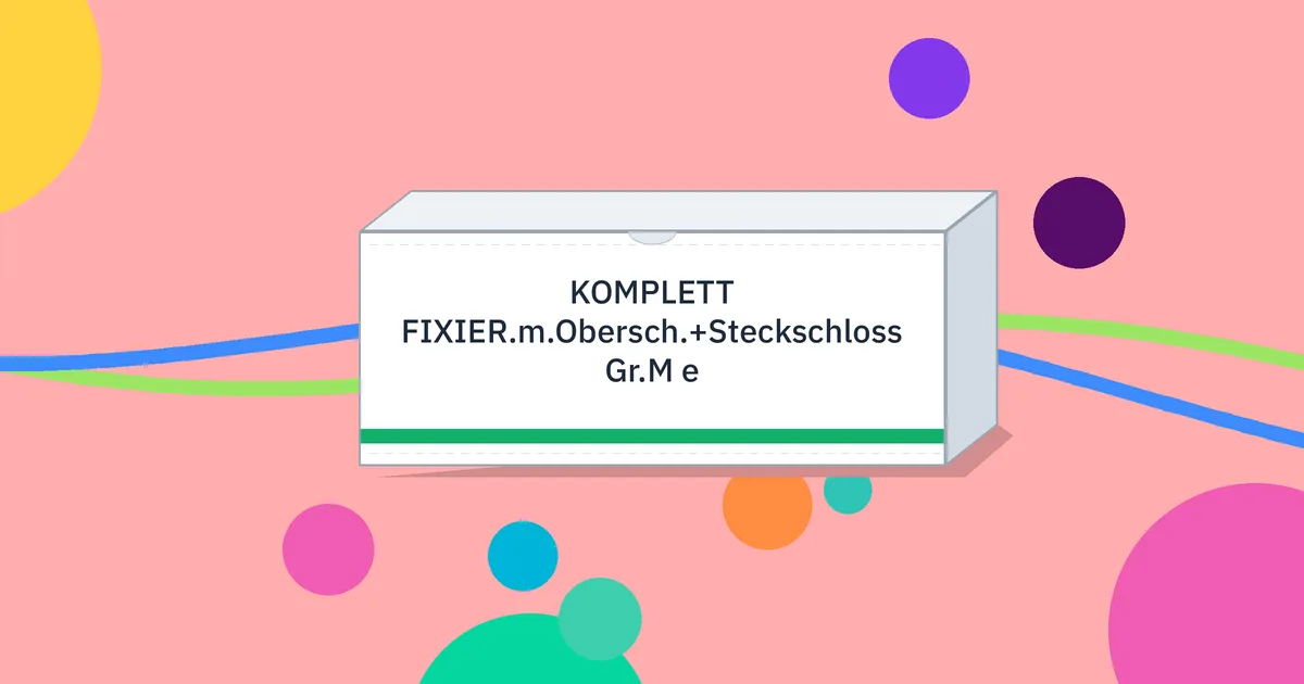 Symbolbild: Packung mit der Aufschrift KOMPLETT FIXIER.m.Obersch.+Steckschloss Gr.M e (PZN 11574106) – Verfügbarkeit und Bezug in Apotheken in Frankfurt am Main