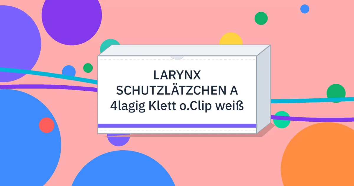 Symbolbild: Packung mit der Aufschrift LARYNX SCHUTZLÄTZCHEN A 4lagig Klett o.Clip weiß (PZN 00140273) – Verfügbarkeit und Bezug in Apotheken in Frankfurt am Main