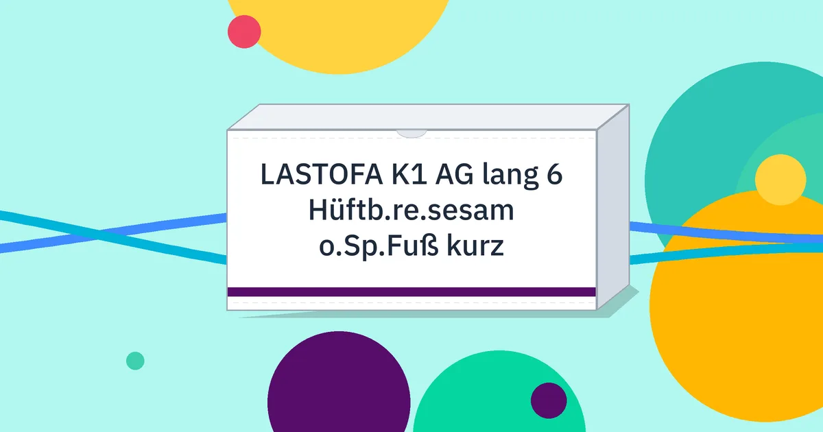Symbolbild: Packung mit der Aufschrift LASTOFA K1 AG lang 6 Hüftb.re.sesam o.Sp.Fuß kurz (PZN 13799223) – Verfügbarkeit und Bezug in Apotheken in Frankfurt am Main