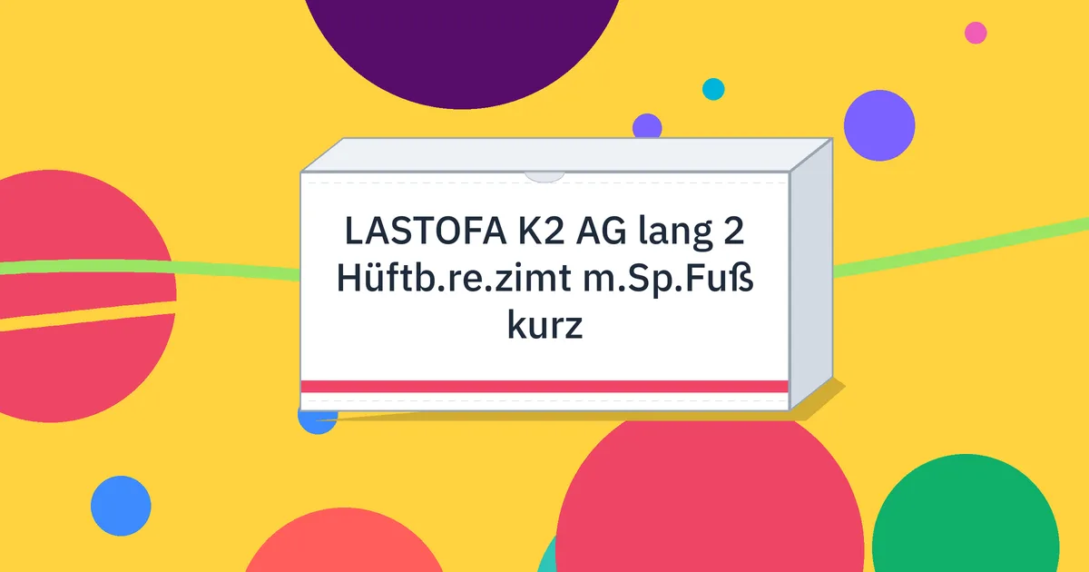 Symbolbild: Packung mit der Aufschrift LASTOFA K2 AG lang 2 Hüftb.re.zimt m.Sp.Fuß kurz (PZN 13810781) – Verfügbarkeit und Bezug in Apotheken in Frankfurt am Main