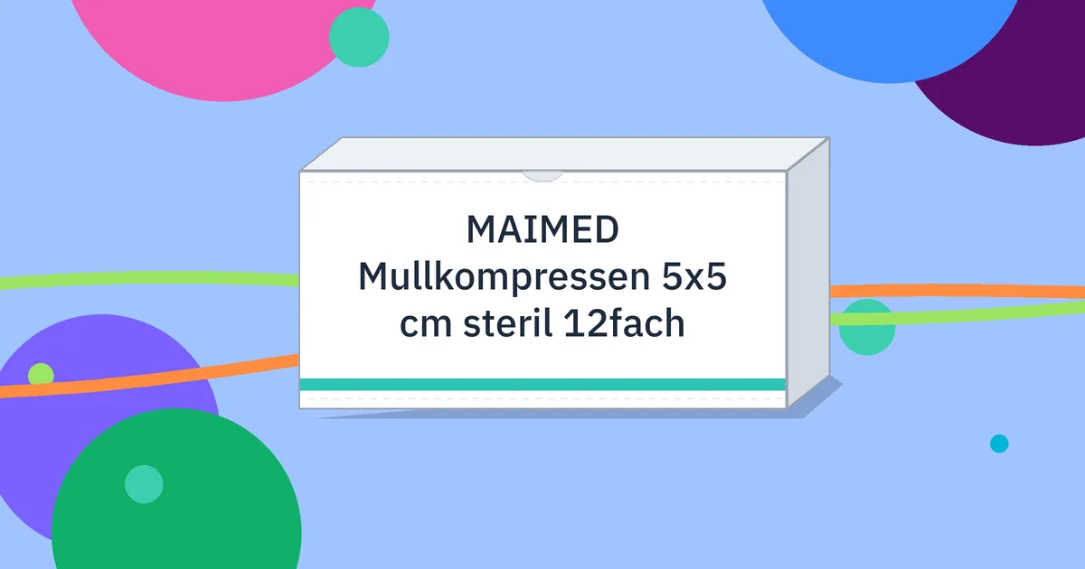 Symbolbild: Packung mit der Aufschrift MAIMED Mullkompressen 5x5 cm steril 12fach (PZN 03182326) – Verfügbarkeit und Bezug in Apotheken in Frankfurt am Main