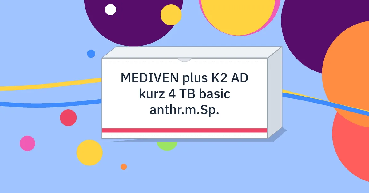 Symbolbild: Packung mit der Aufschrift MEDIVEN plus K2 AD kurz 4 TB basic anthr.m.Sp. (PZN 15097985) – Verfügbarkeit und Bezug in Apotheken in Frankfurt am Main
