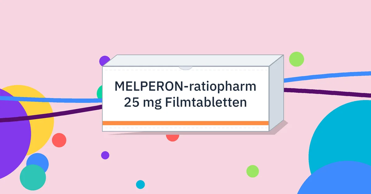 Symbolbild: Packung mit der Aufschrift MELPERON-ratiopharm 25 mg Filmtabletten (PZN 08916709) – Verfügbarkeit und Bezug in Apotheken in Frankfurt am Main