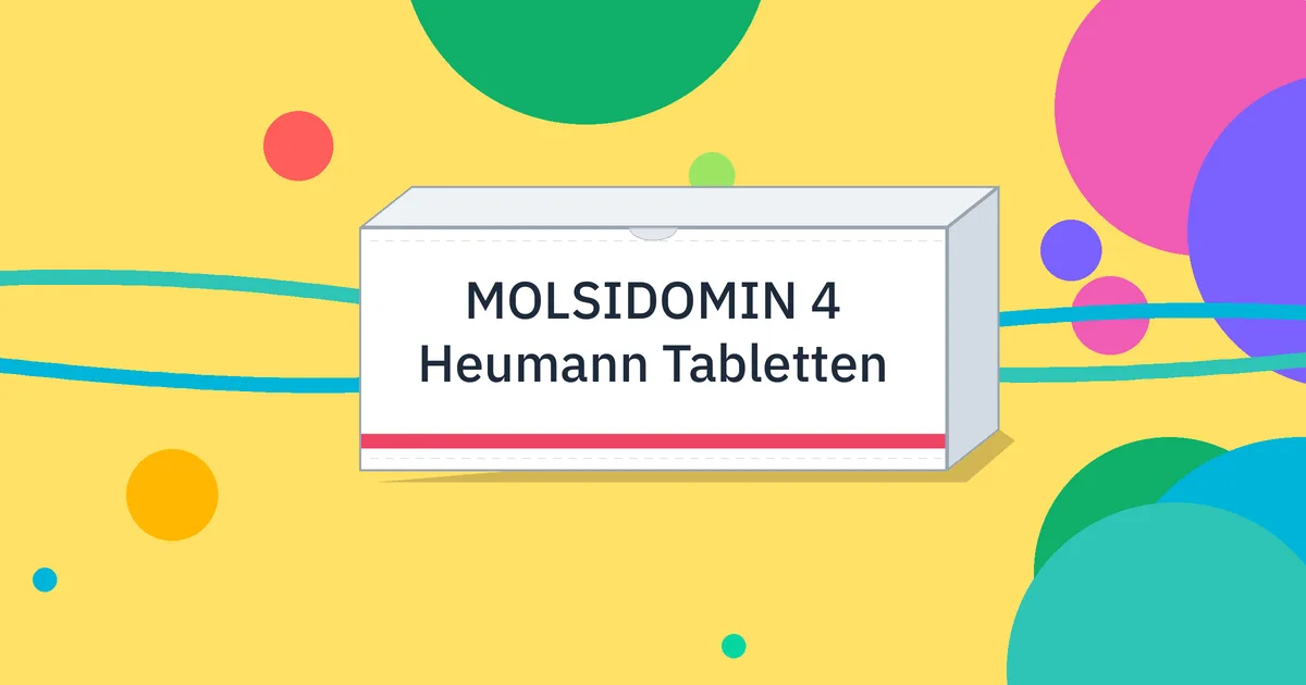 Symbolbild: Packung mit der Aufschrift MOLSIDOMIN 4 Heumann Tabletten (PZN 06883526) – Verfügbarkeit und Bezug in Apotheken in Frankfurt am Main