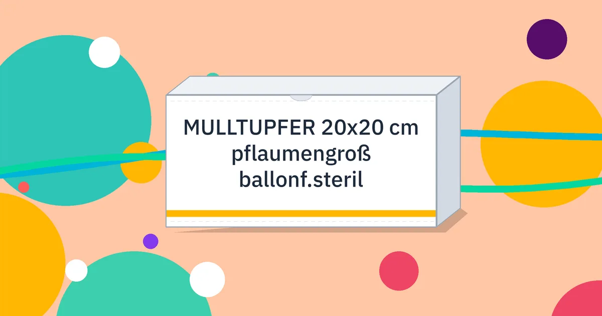 Symbolbild: Packung mit der Aufschrift MULLTUPFER 20x20 cm pflaumengroß ballonf.steril (PZN 00262616) – Verfügbarkeit und Bezug in Apotheken in Frankfurt am Main