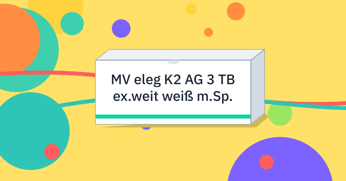 Symbolbild: Packung mit der Aufschrift MV eleg K2 AG 3 TB ex.weit weiß m.Sp. (PZN 09878218) – Verfügbarkeit und Bezug in Apotheken in Frankfurt am Main